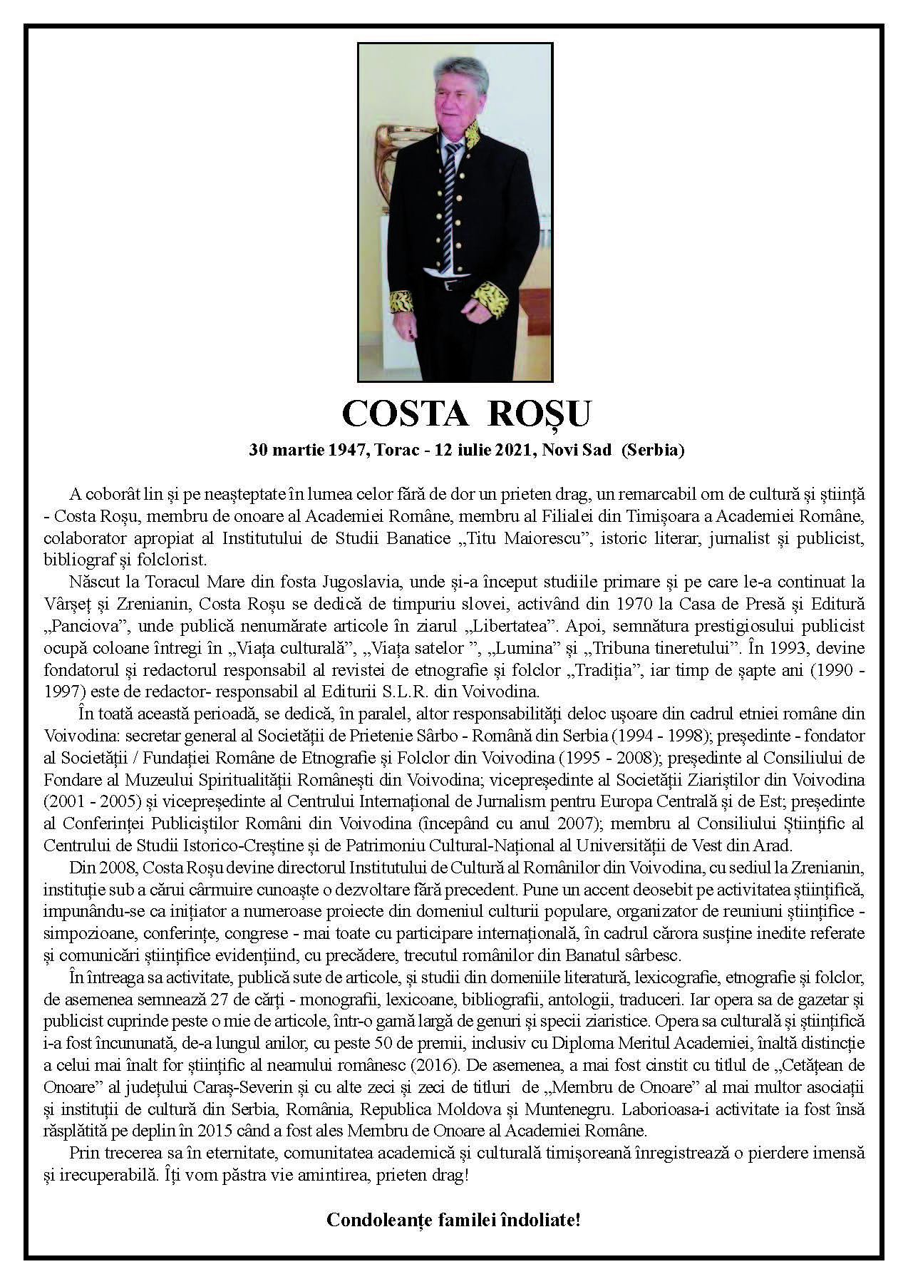 Necrolog Costa Rosu – Membru de Onoare al Academiei Române | Academia Romana - Filiala Timisoara